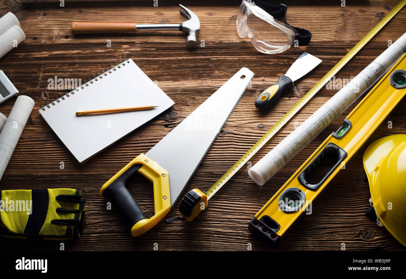 Construction and renovation concept. Building contractor tools on ...