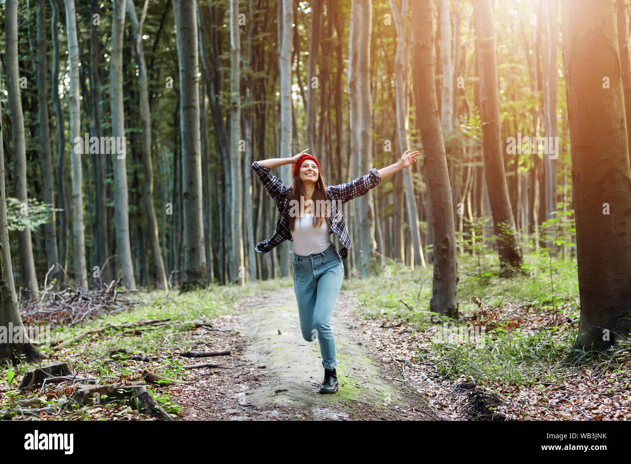 Freedom happy woman feeling alive and free in nature breathing clean ...
