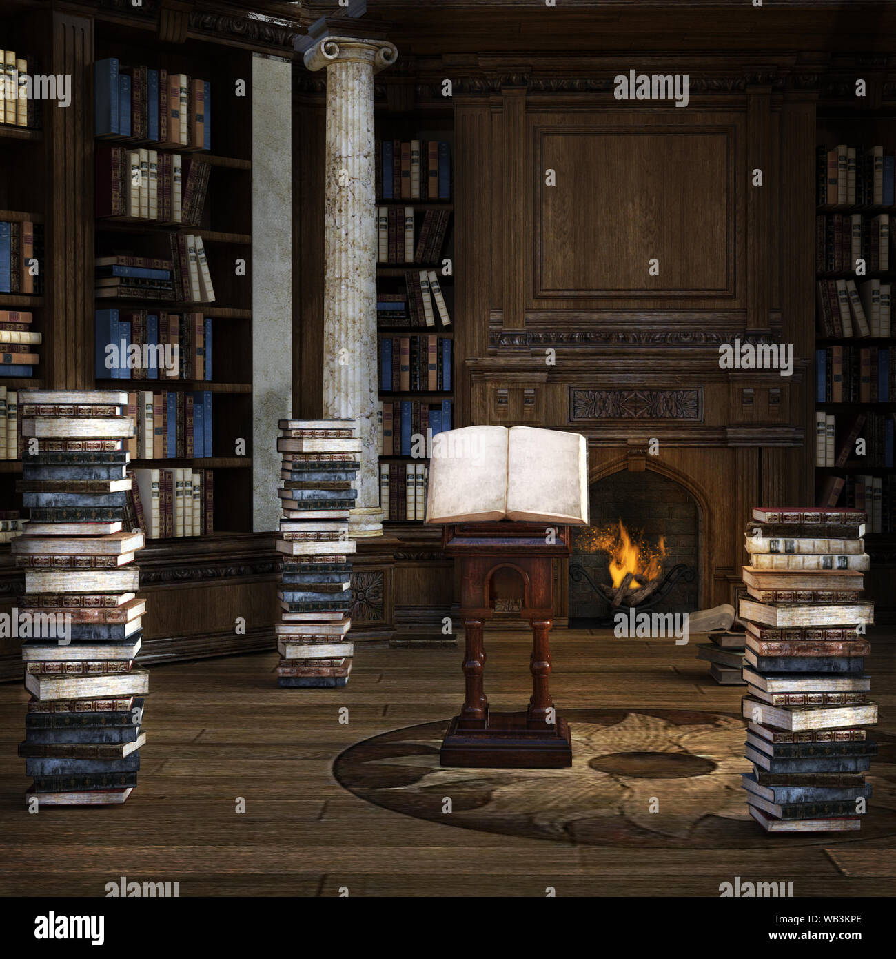 Library with piles of books and an open book on the reading desk Stock ...