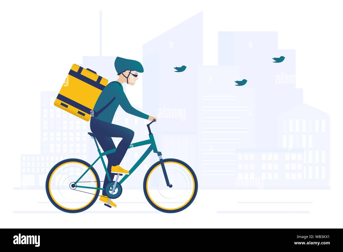 Food bicycle delivery courier. Man carries parcel box on the back. Fast ...