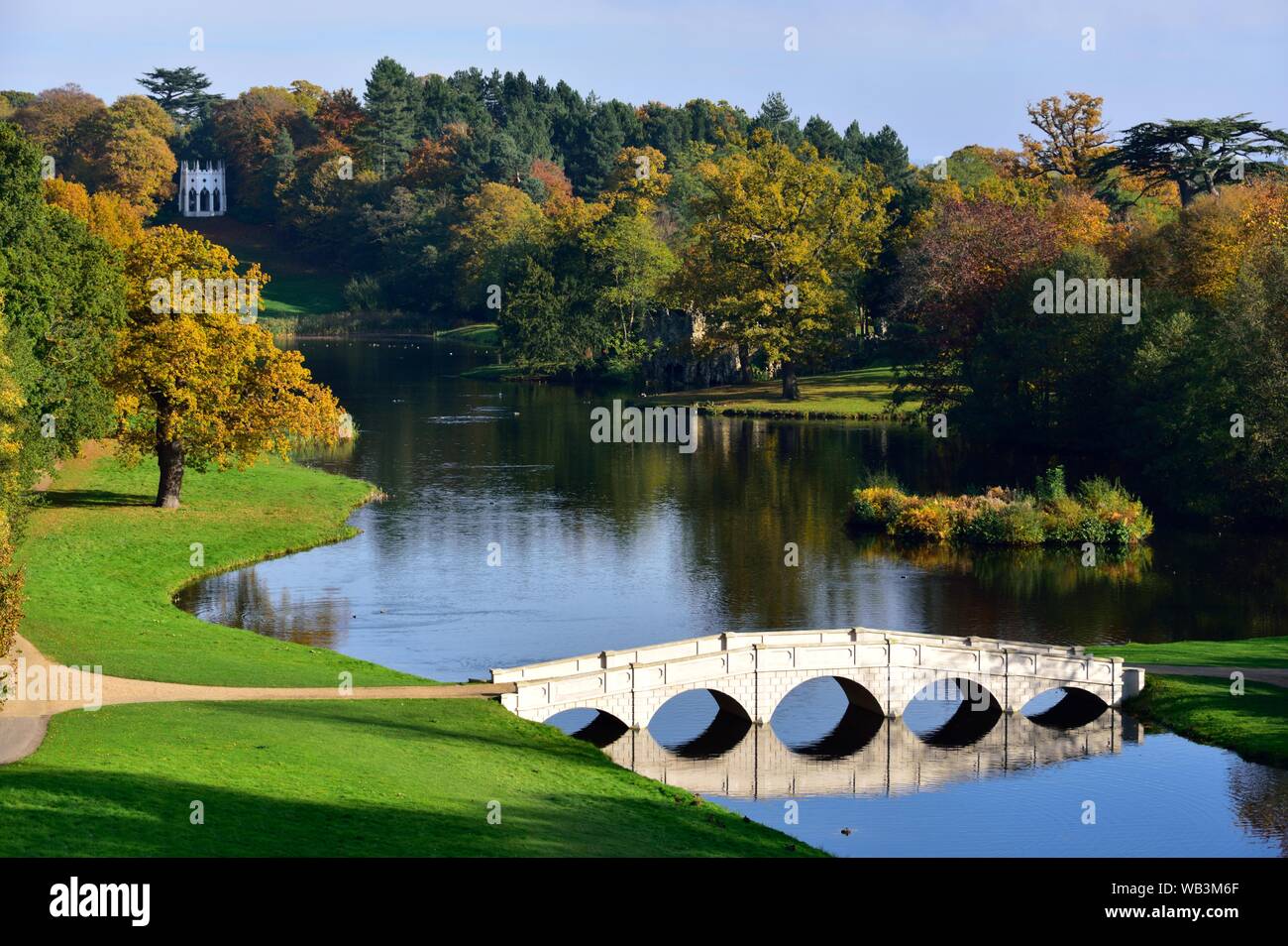 Autumn View of Painshill Park, with the 5 Arch Bridge and the Gothic ...