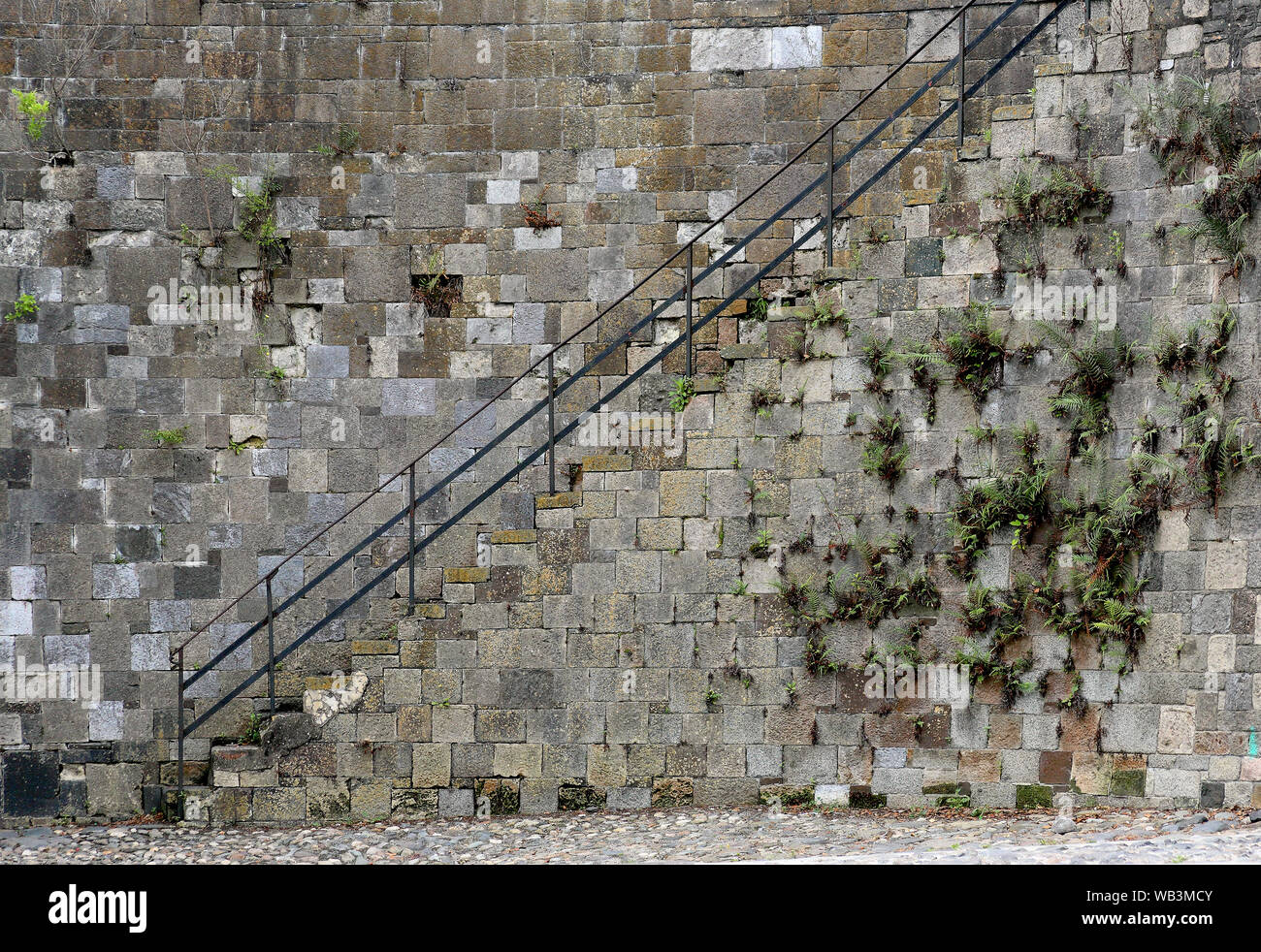 Stairs and iron railing along a stone wall near River Street in ...