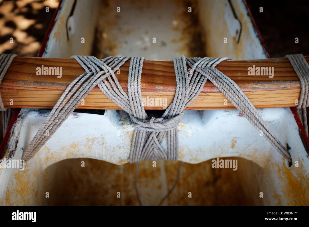 Hawaiian canoe close up of rope and wood Stock Photo - Alamy