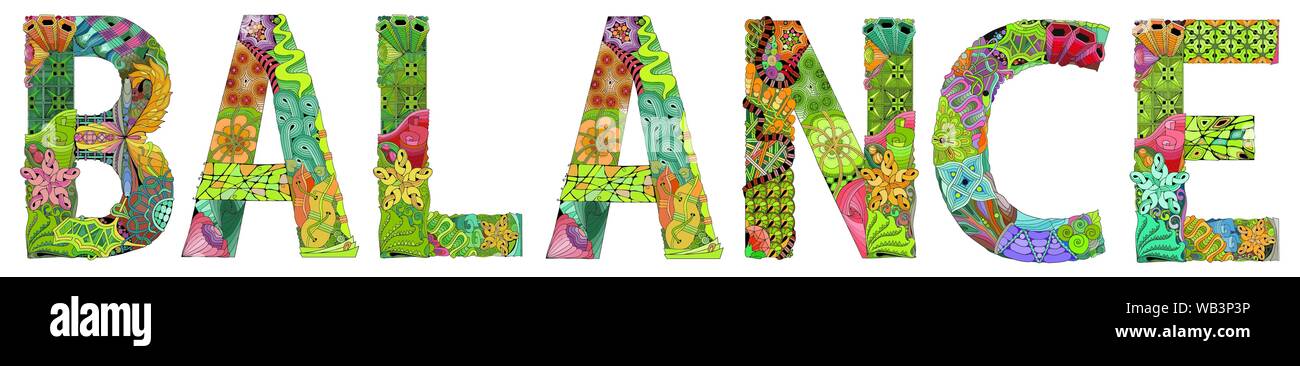 Hand-painted art design. Hand drawn illustration word BALANCE for t ...