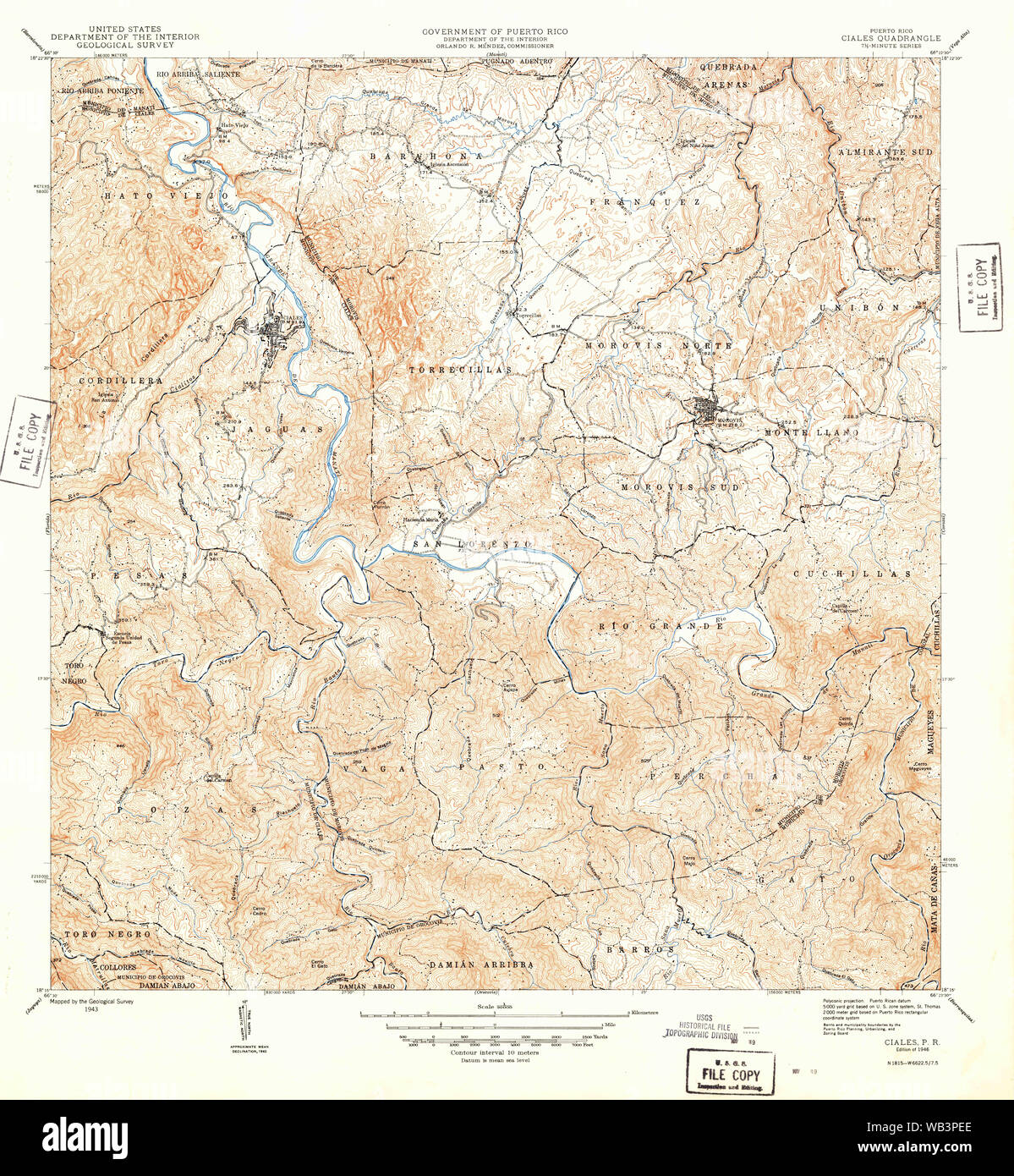 USGS TOPO Map Puerto Rico PR Ciales 362381 1946 30000 Restoration Stock ...