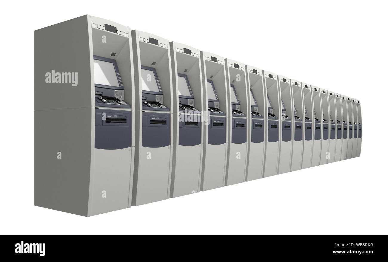 row of ATMs isolated on white. 3d rendering Stock Photo - Alamy