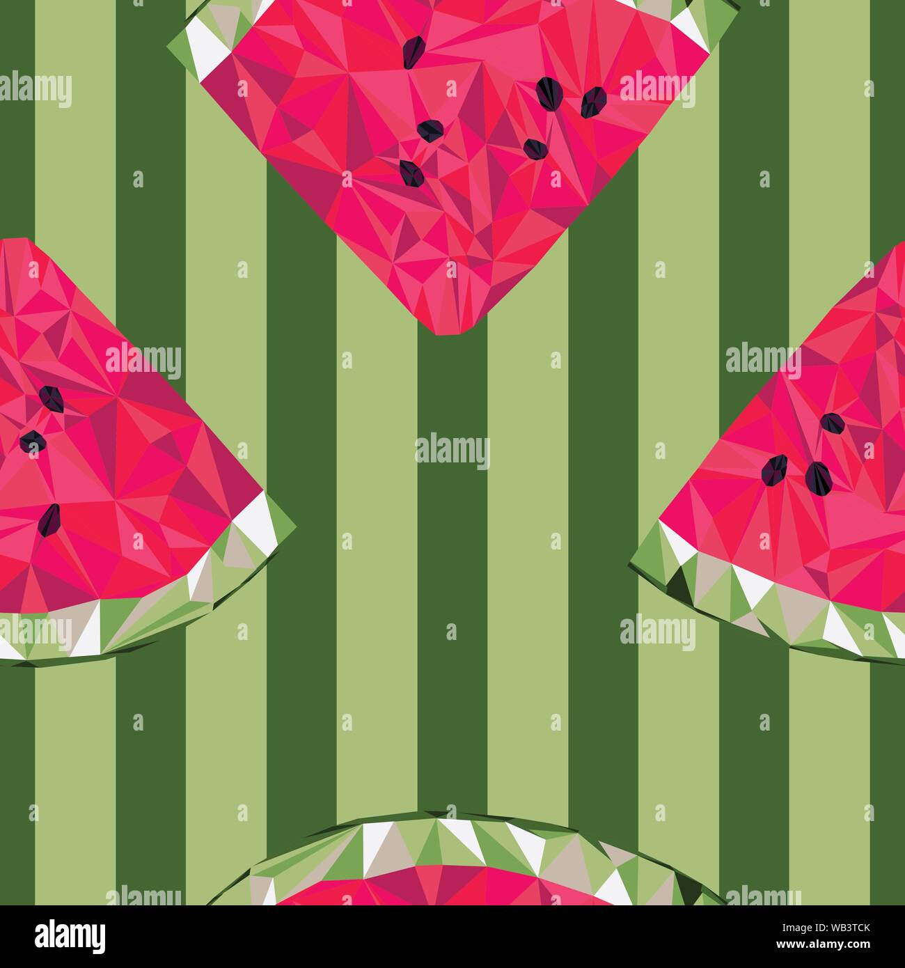 Low poly watermelons on a green striped background vector seamless ...