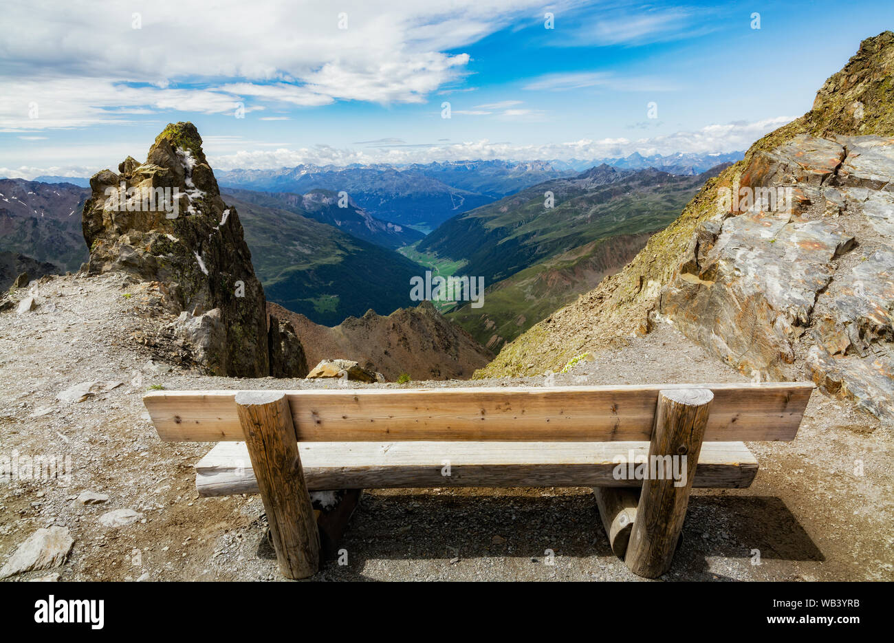 Bench on the top of Karlesjoch (austrian Alps) in the Kaunertal glacier ...