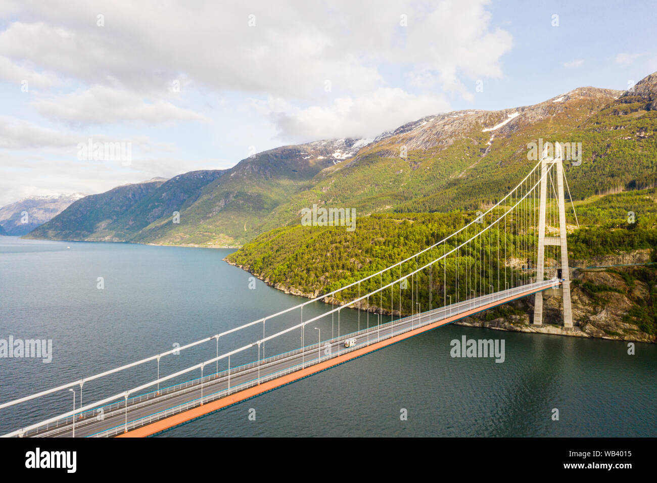 Drone photographs of Hardanger Bridge in Norway. At 1380 metres, this ...