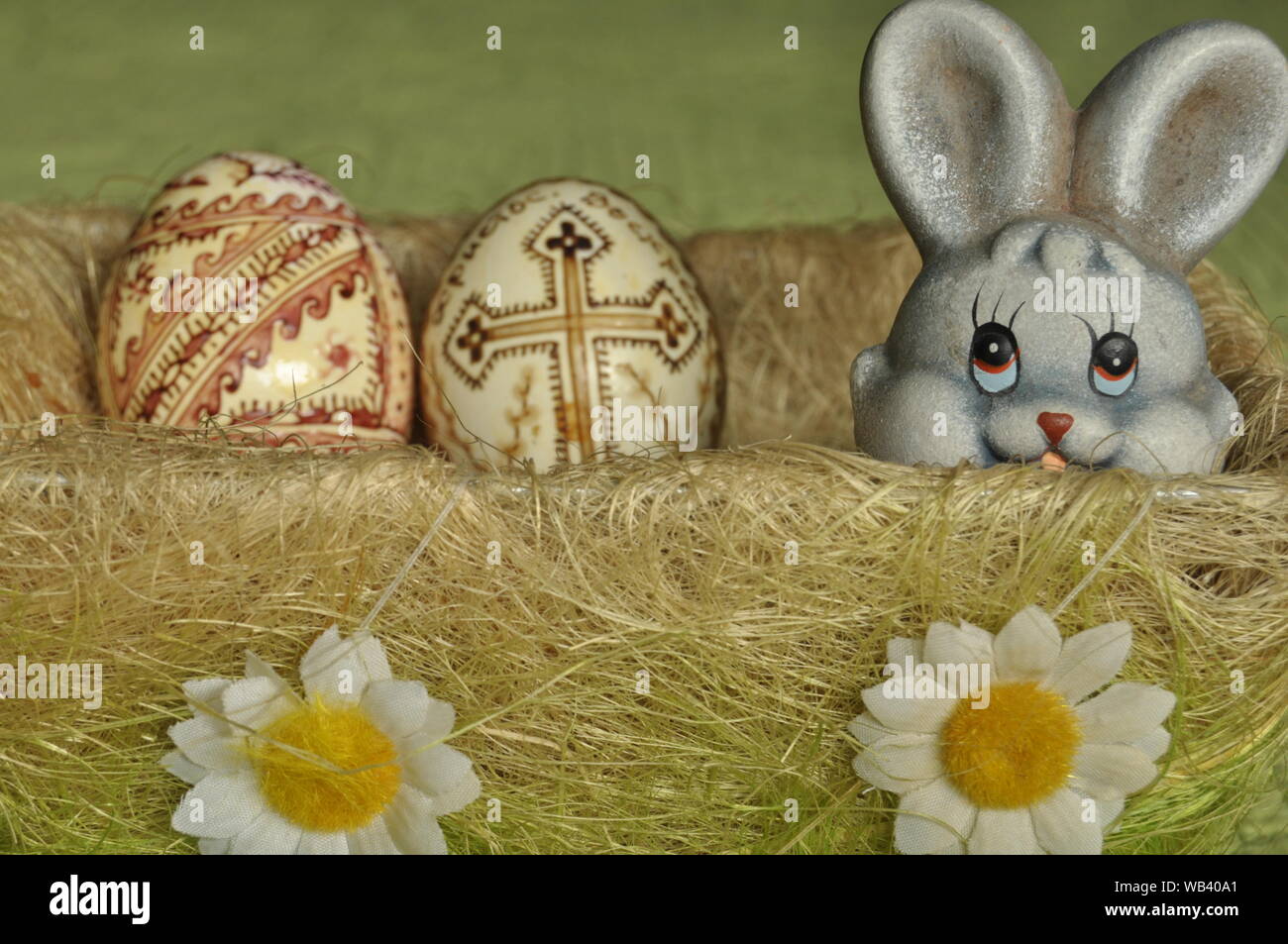 Easter. Symbols of Christmas. Rabbit, chicken and eggs. Willow twig ...