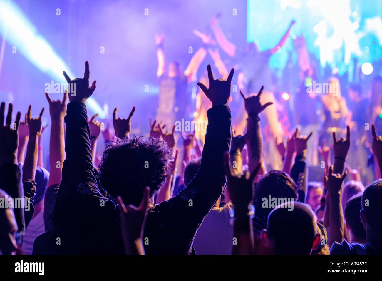 Fans at live rock music concert cheering musicians on stage, back view ...