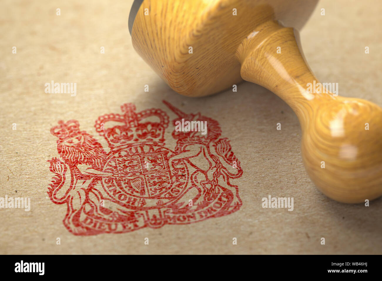 United Kingdom coat of arms stamp with rubber stamp on craft paper. 3d ...