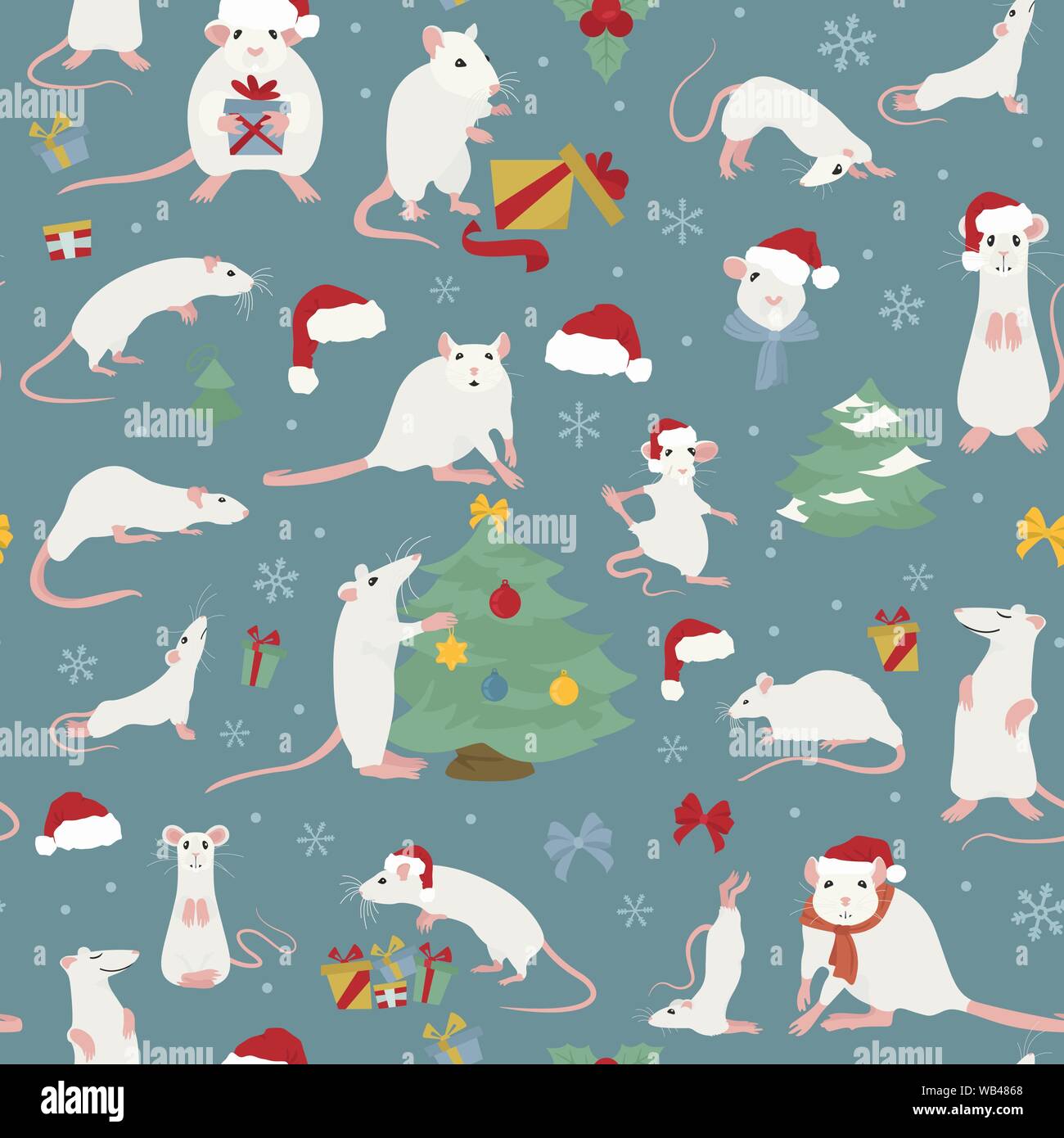 Rats christmas seamless pattern. Rat poses and exercises. Cute cartoon ...