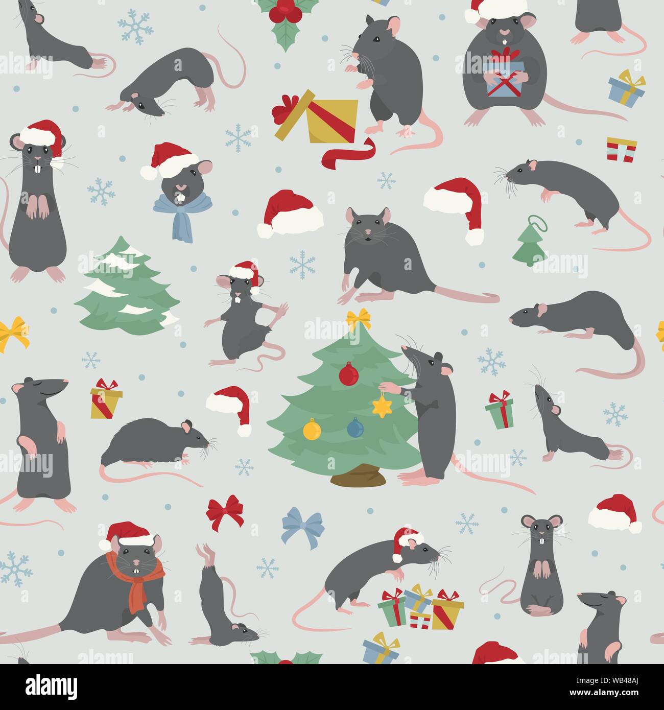 Rats christmas seamless pattern. Rat poses and exercises. Cute cartoon ...