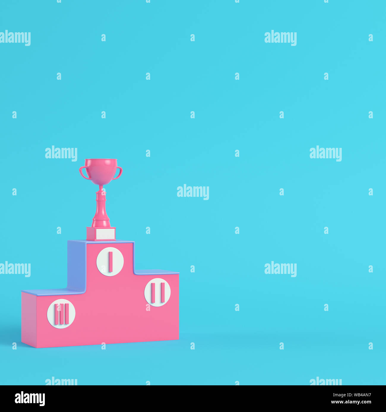 Pedestal with trophy cup on bright blue background in pastel colors ...
