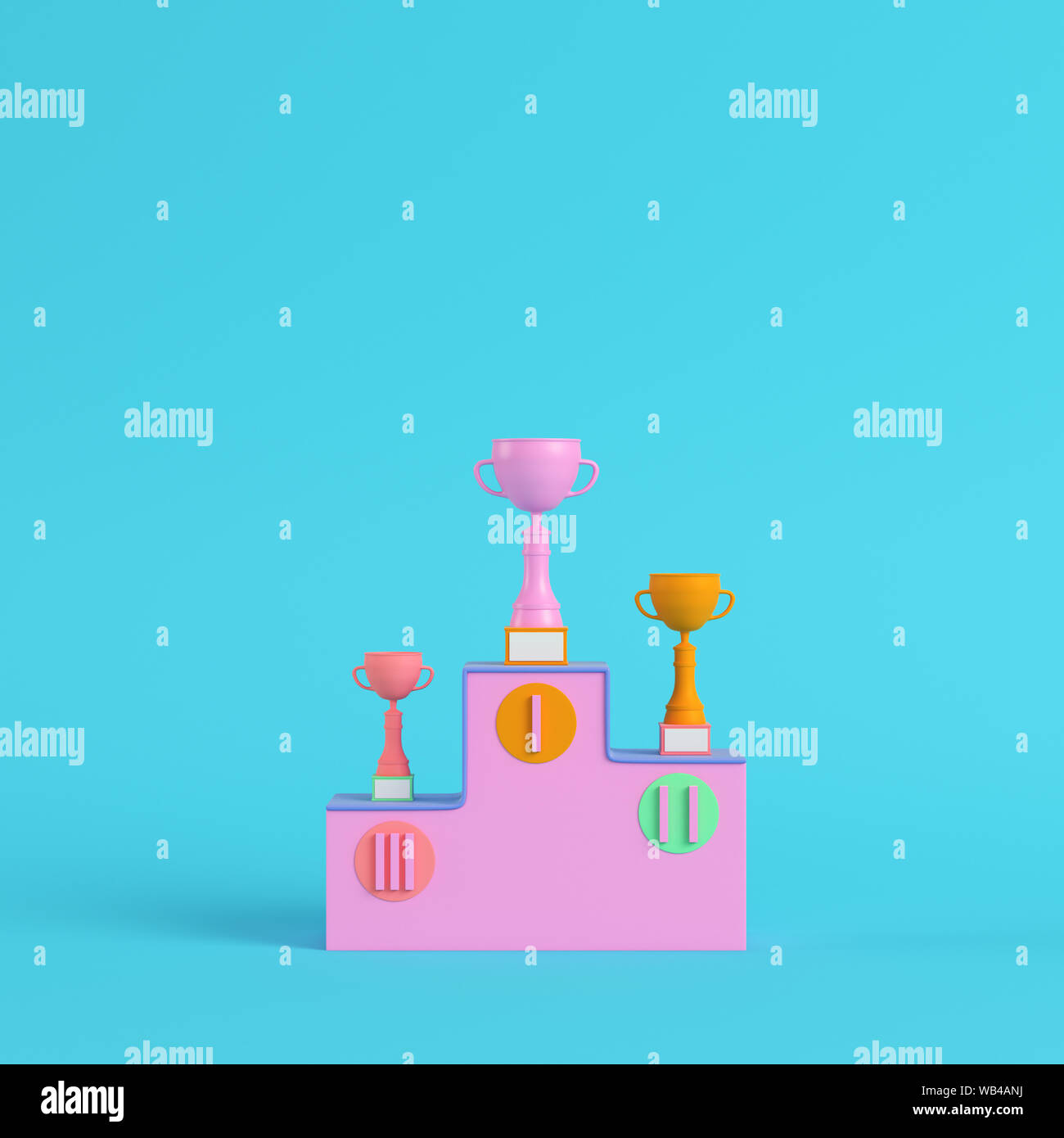 Pedestal with trophy cups on bright blue background in pastel colors ...
