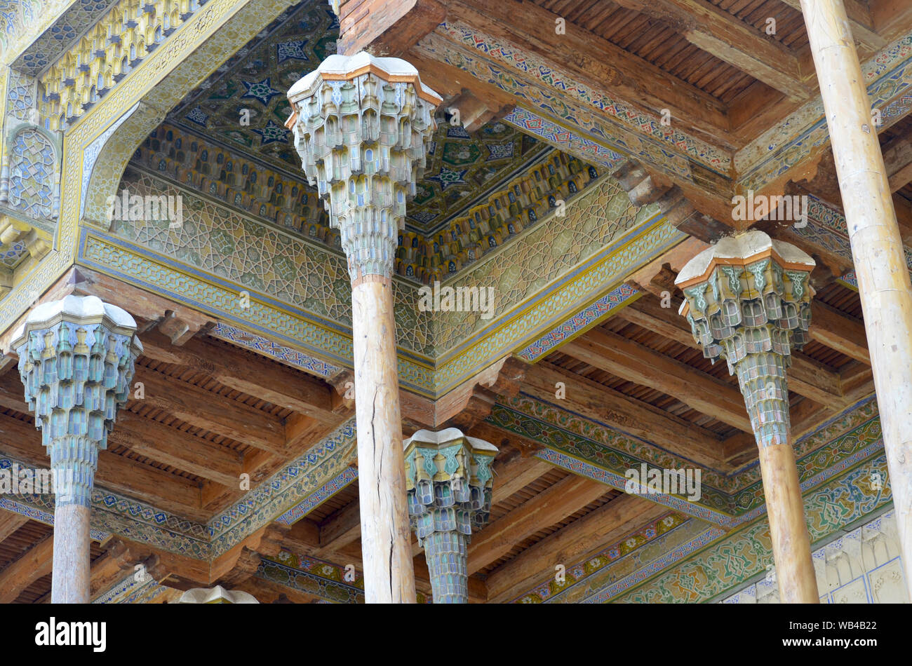 Ornated wooden columns and ceiling of Bolo Haouz Mosque in Bukhara ...