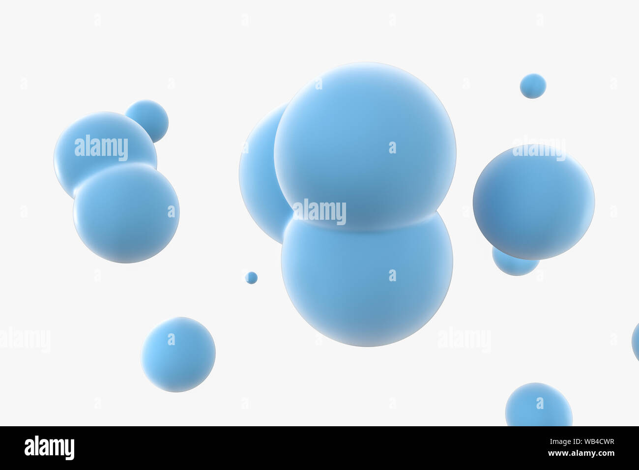 Blue spheres and molecular model, random distributed, 3d rendering ...