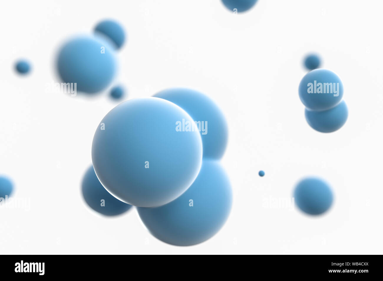 Blue spheres and molecular model, random distributed, 3d rendering ...