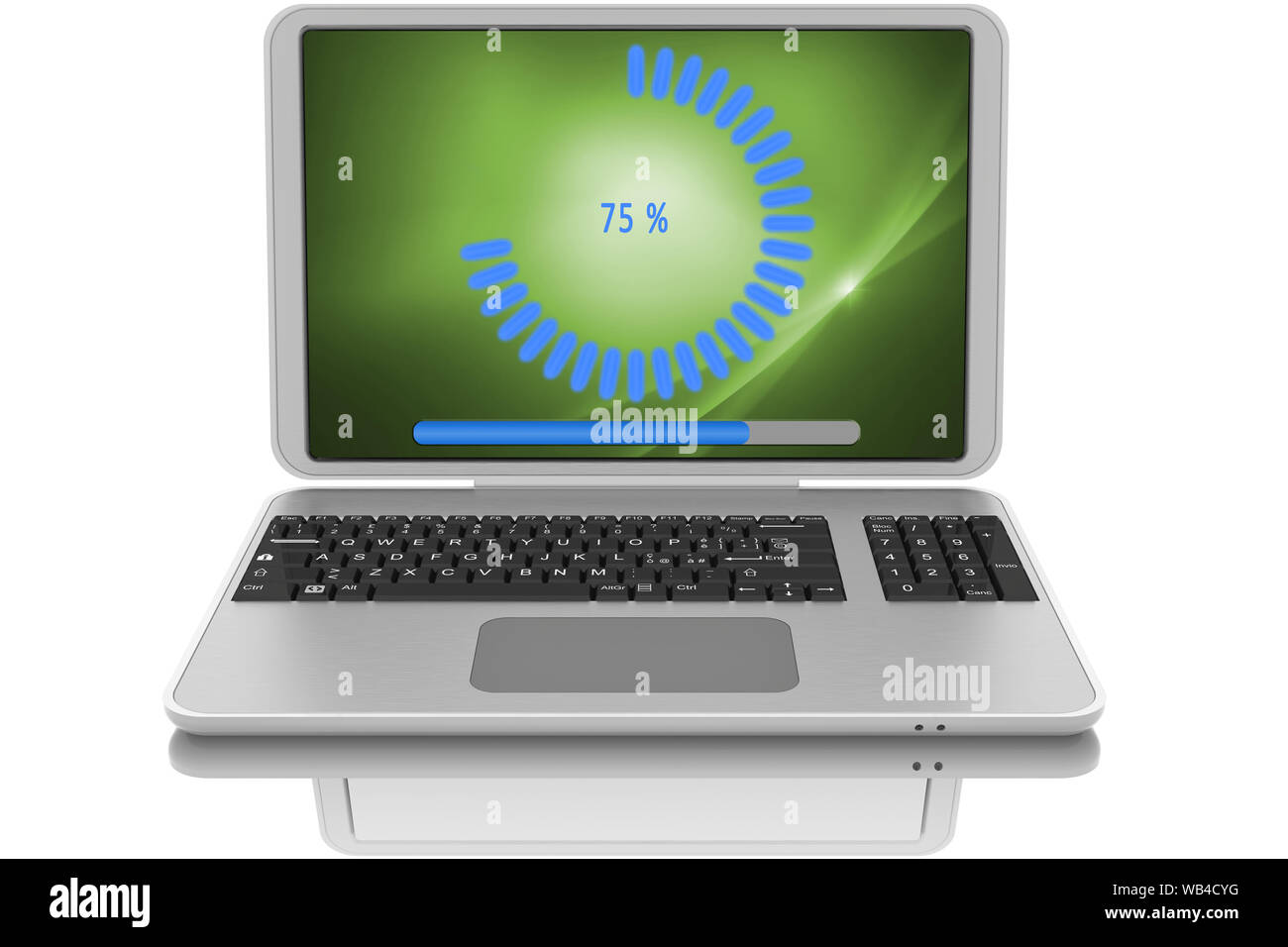 3D illustration. Open laptop computer with file download symbol Stock ...