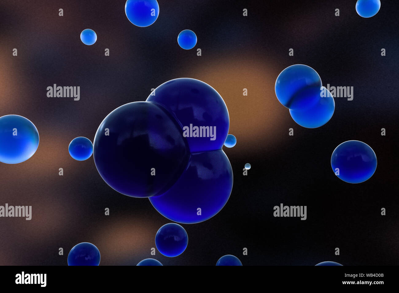 Blue spheres and molecular model, random distributed, 3d rendering ...