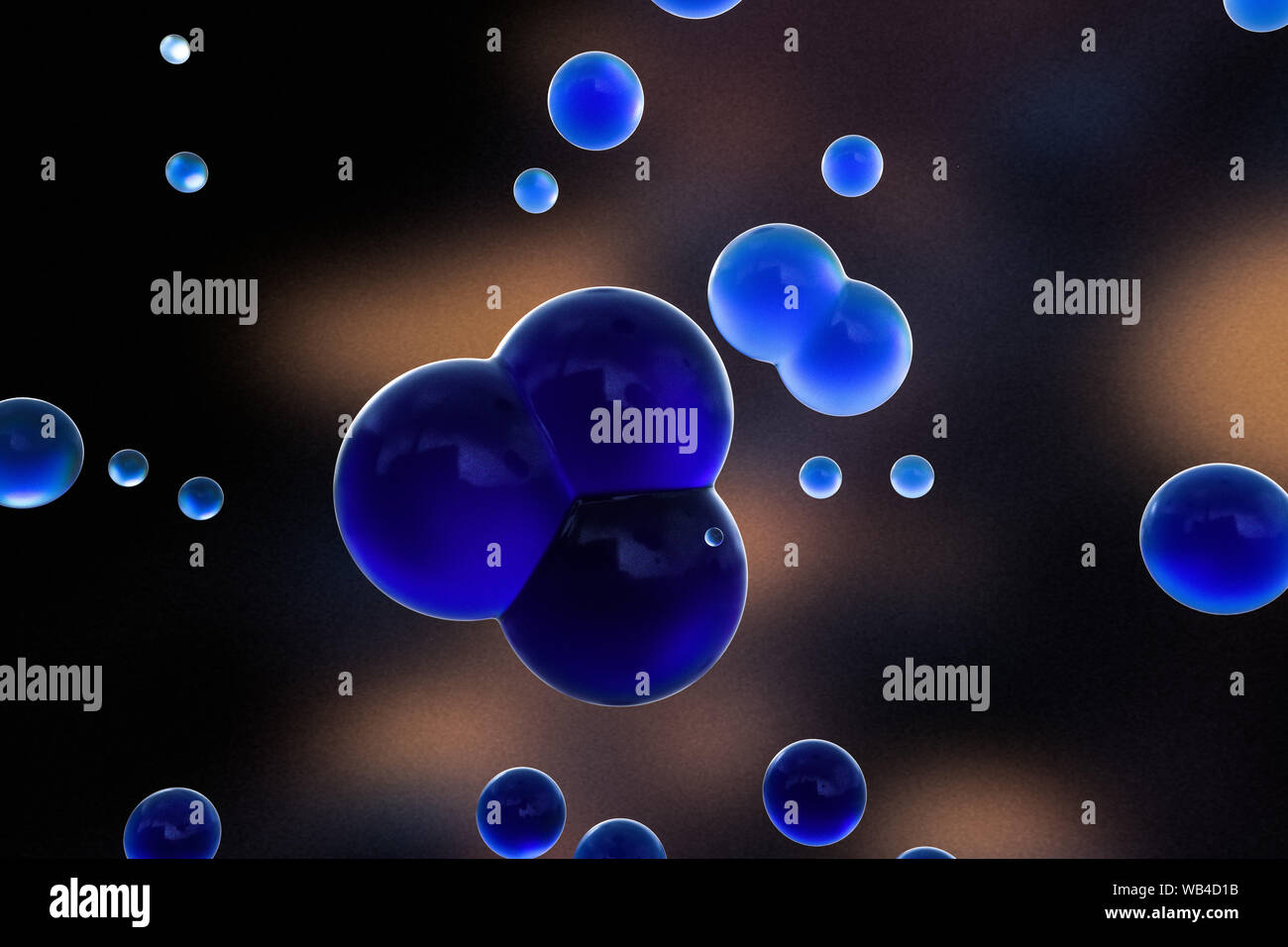 Blue spheres and molecular model, random distributed, 3d rendering ...