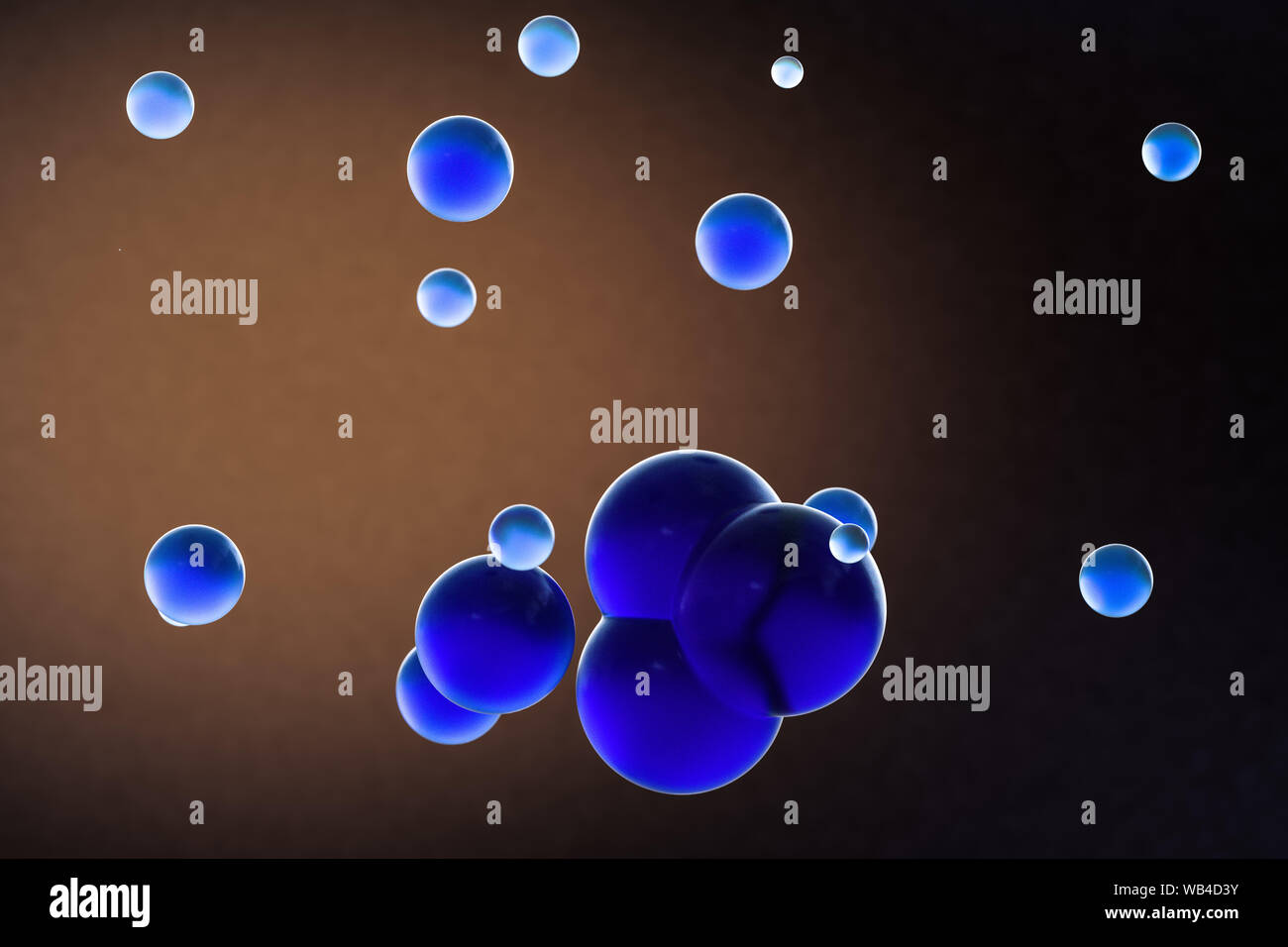 Blue spheres and molecular model, random distributed, 3d rendering ...