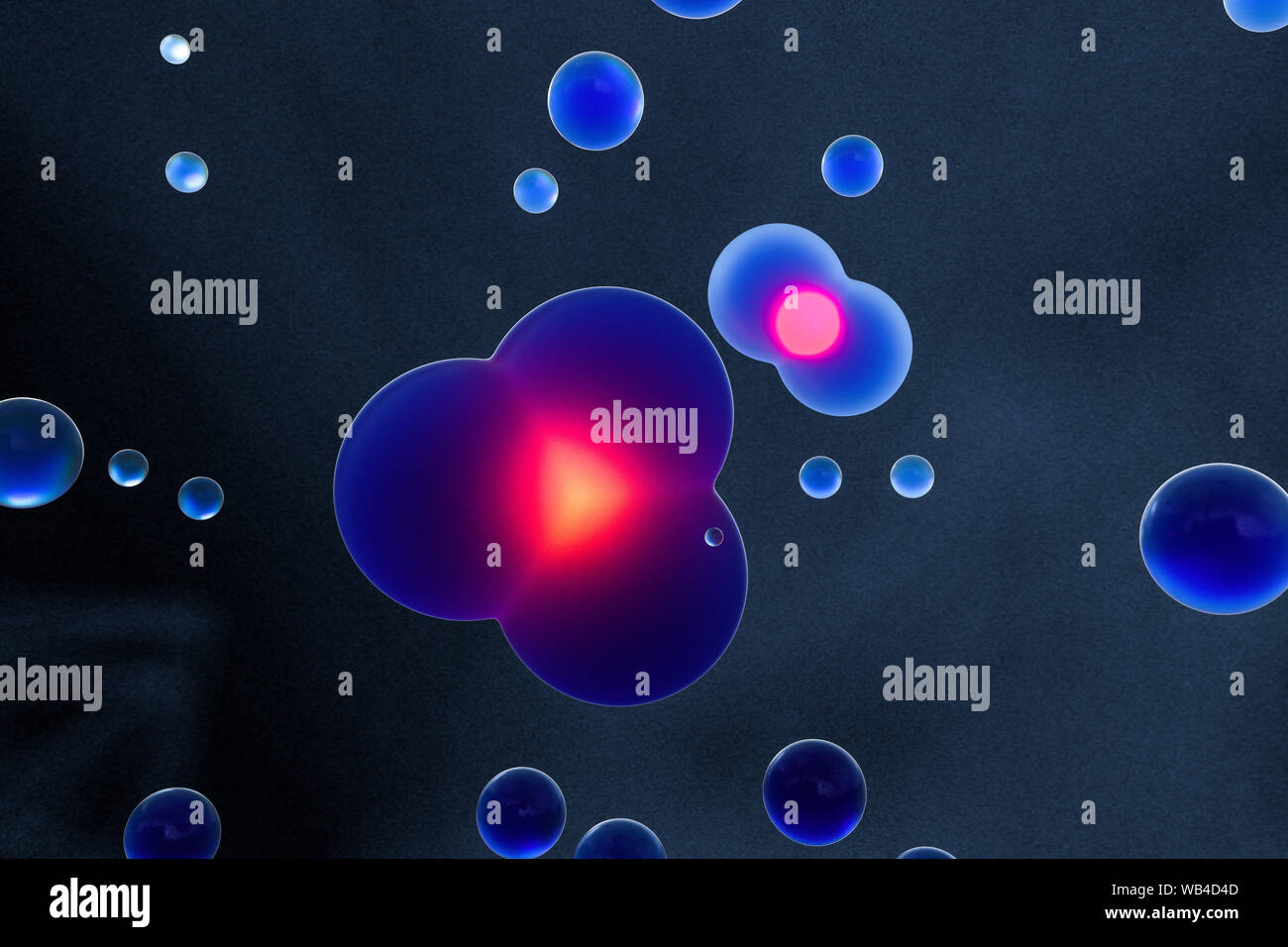 Blue spheres and molecular model, random distributed, 3d rendering ...