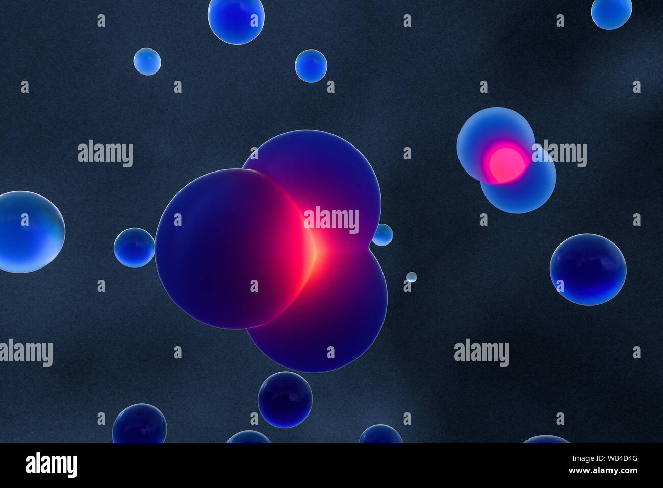 Blue spheres and molecular model, random distributed, 3d rendering ...