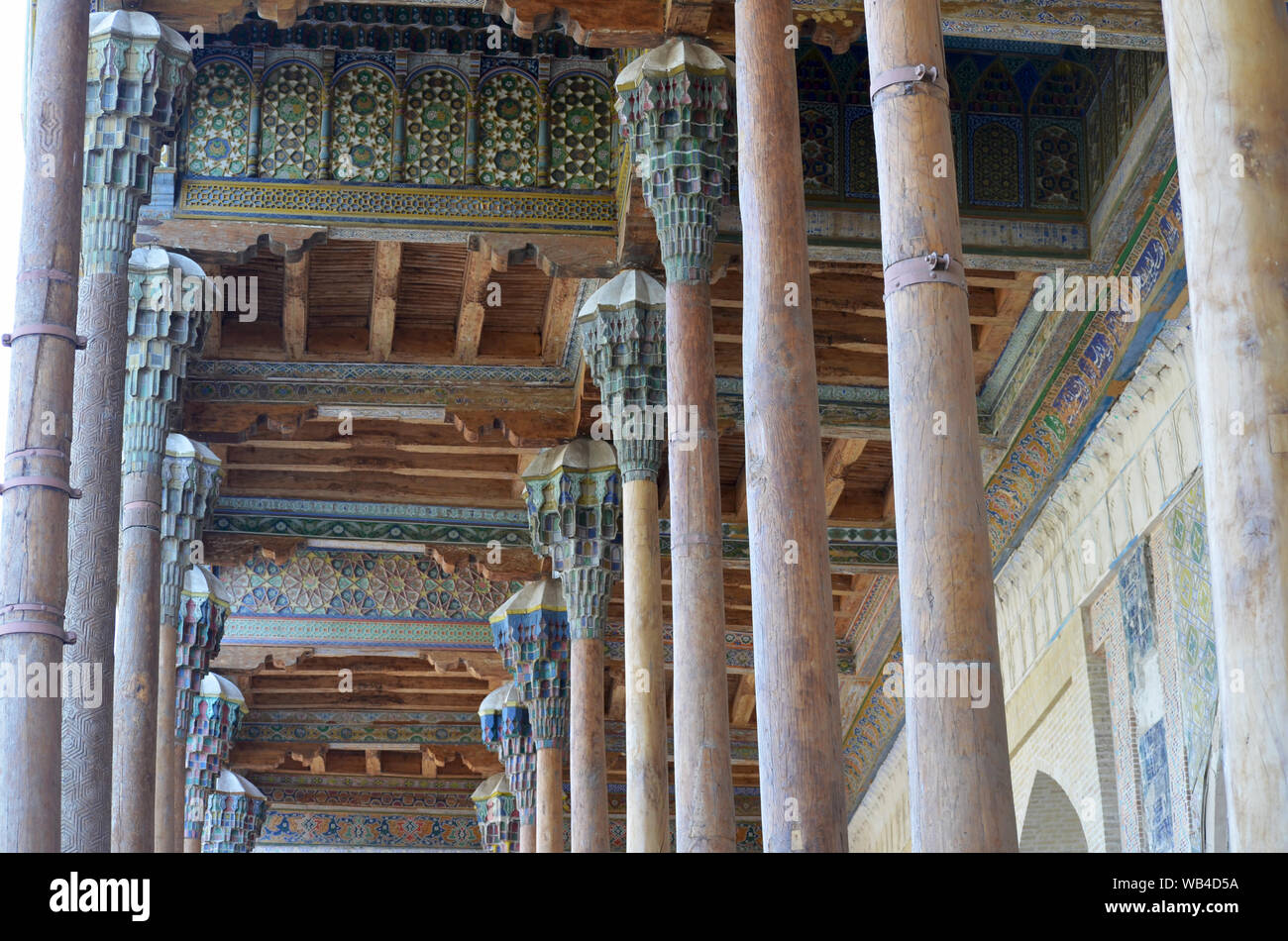 Ornated wooden columns and ceiling of Bolo Haouz Mosque in Bukhara ...