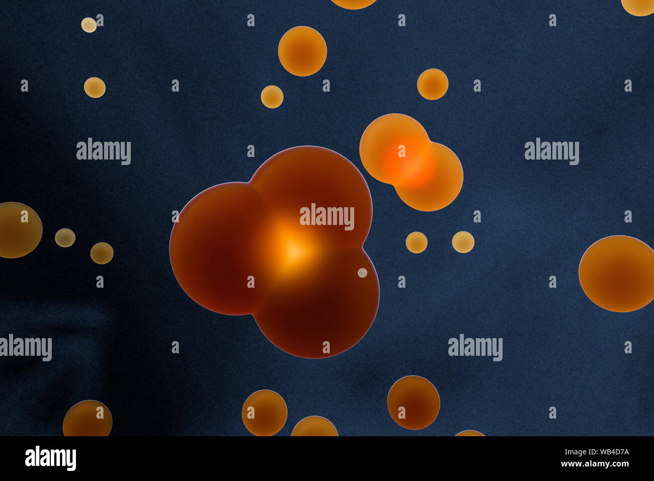 Orange spheres and molecular model, random distributed, 3d rendering ...
