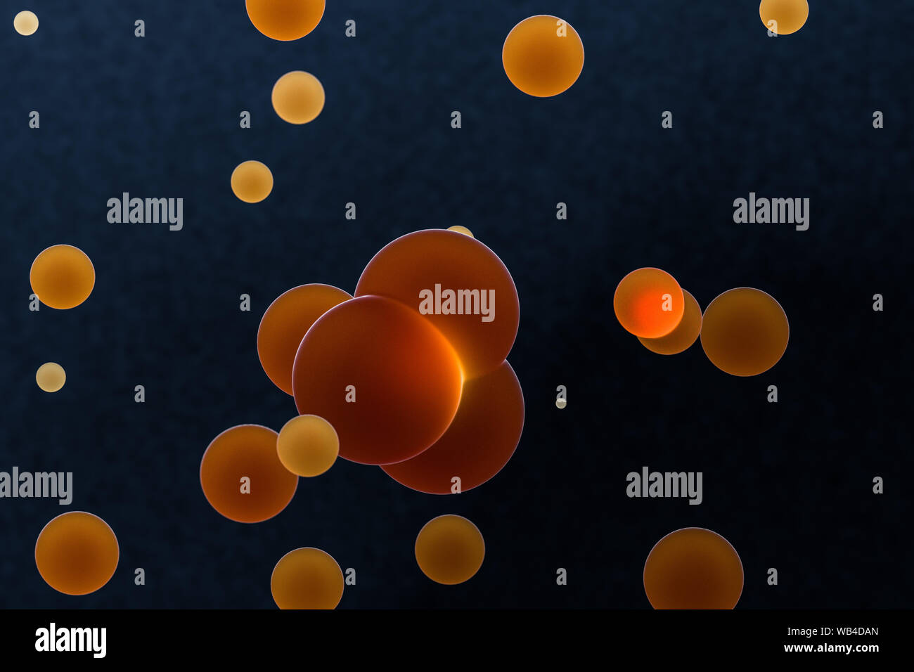 Orange spheres and molecular model, random distributed, 3d rendering ...