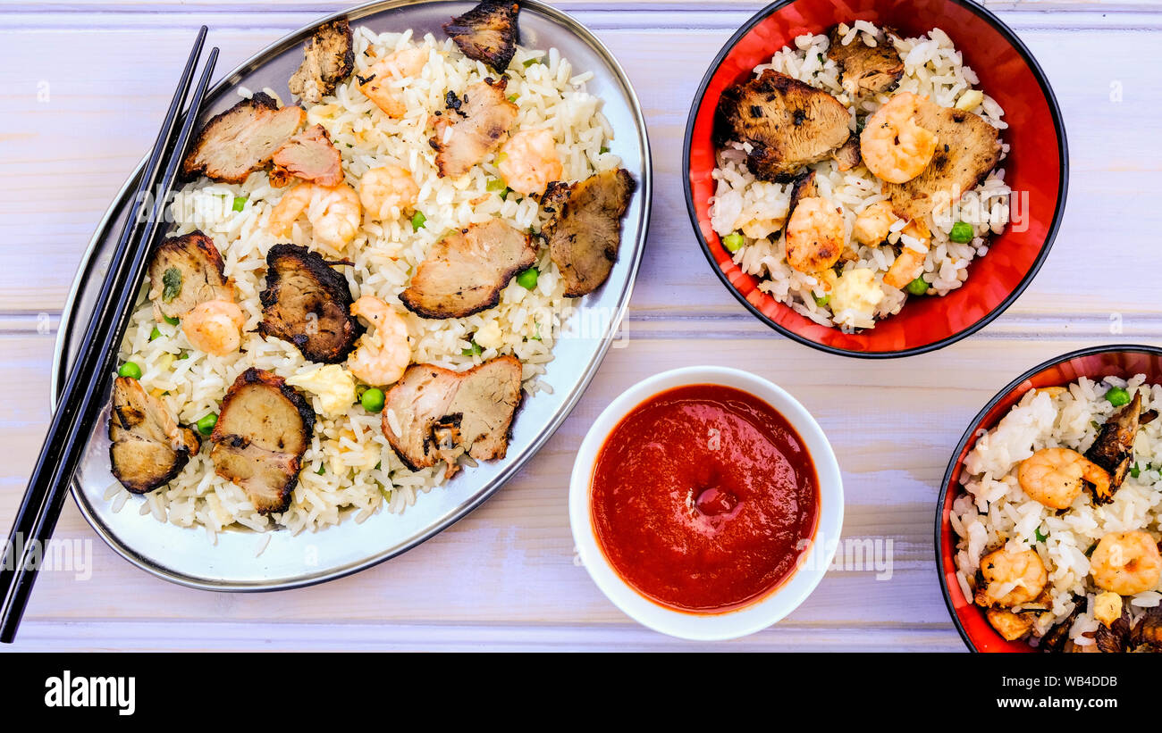 Chinese Style Egg Fried Rice With Pork and King or Tiger Prawns Stock ...