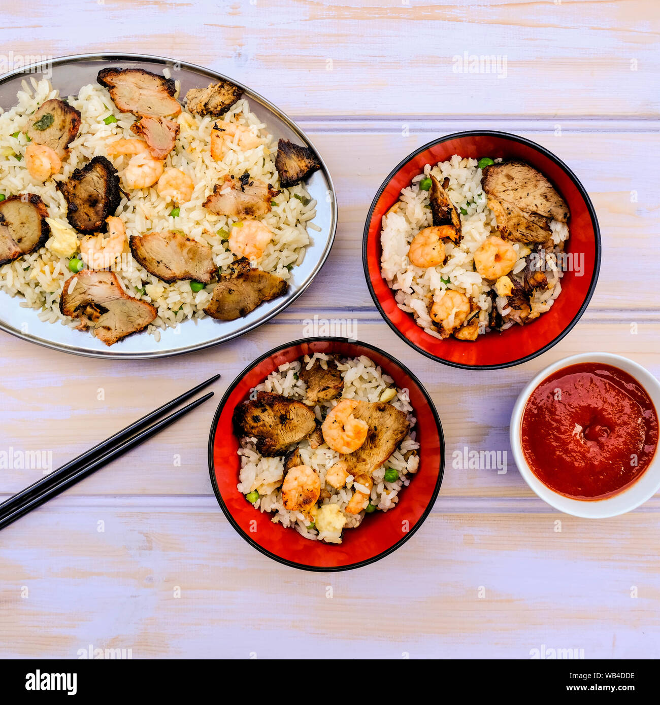 Chinese Style Egg Fried Rice With Pork and King or Tiger Prawns Stock ...