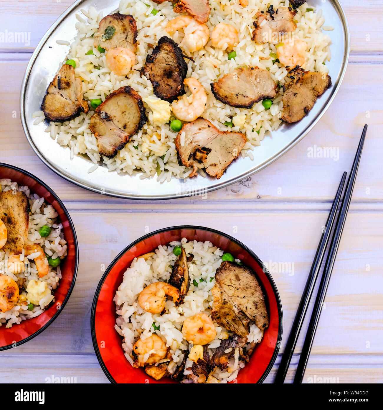 Chinese Style Egg Fried Rice With Pork and King or Tiger Prawns Stock ...