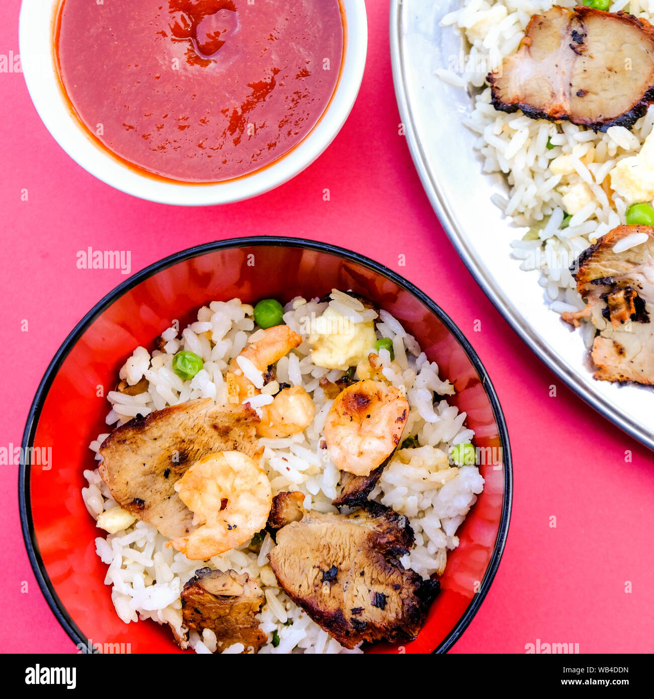 Chinese Style Egg Fried Rice With Pork and King or Tiger Prawns Stock ...