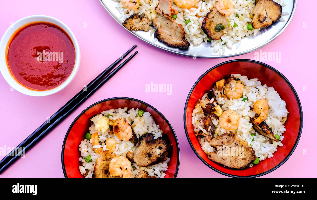 Chinese Style Egg Fried Rice With Pork and King or Tiger Prawns Stock ...