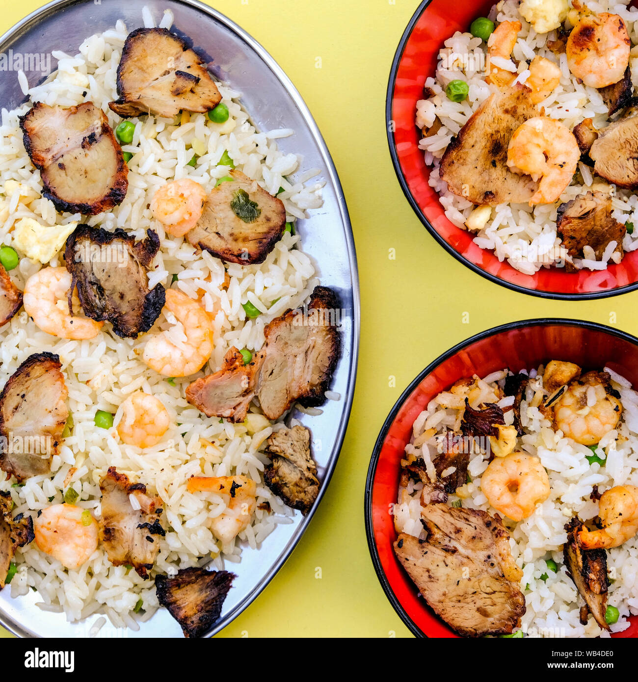 Chinese Style Egg Fried Rice With Pork and King or Tiger Prawns Stock ...