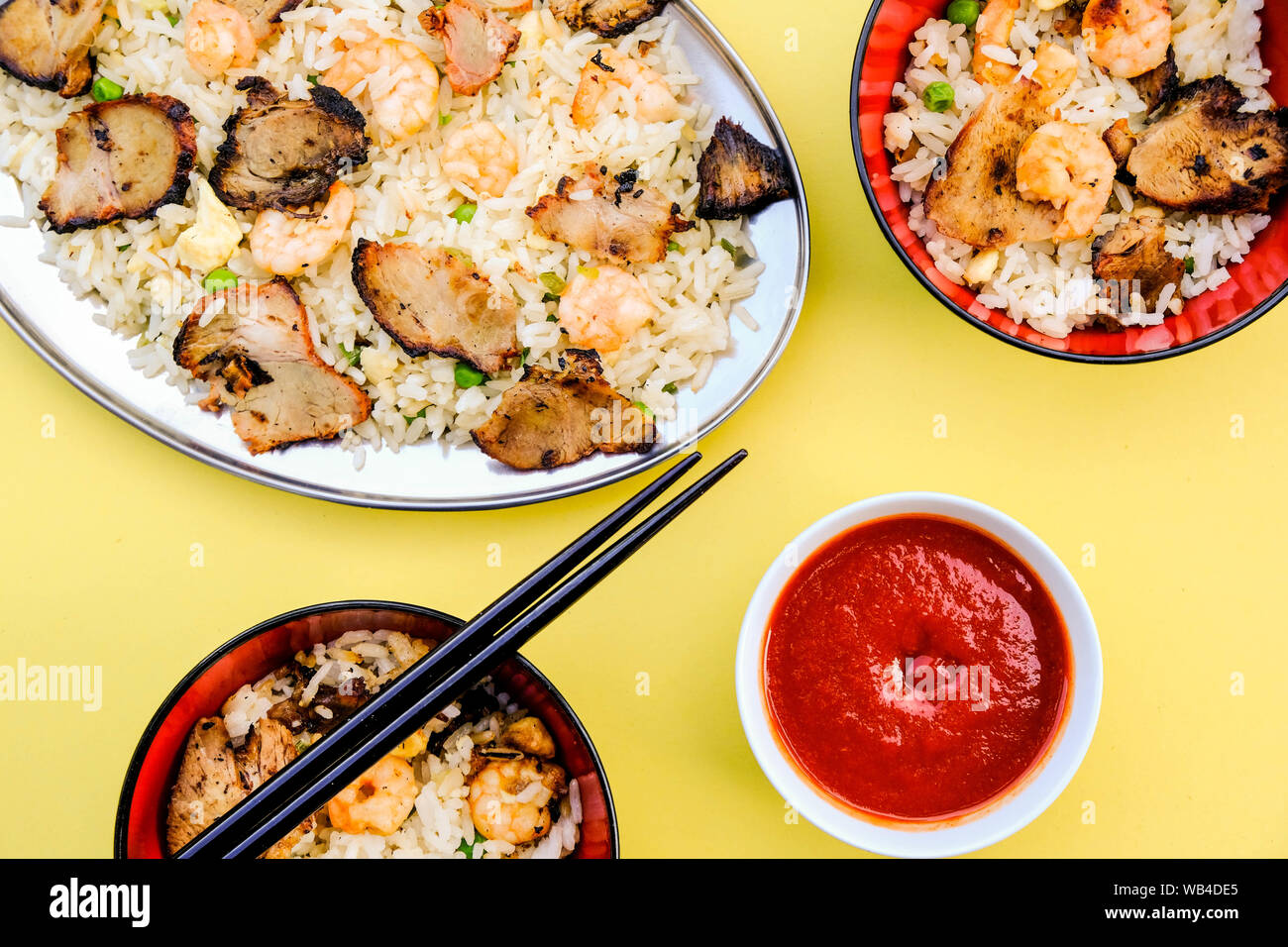 Chinese Style Egg Fried Rice With Pork and King or Tiger Prawns Stock ...