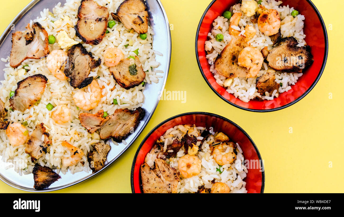 Chinese Style Egg Fried Rice With Pork and King or Tiger Prawns Stock ...