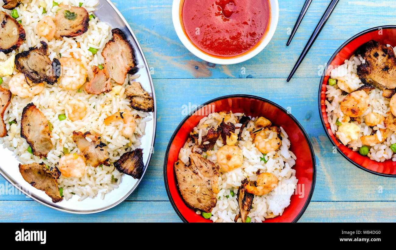 Chinese Style Egg Fried Rice With Pork and King or Tiger Prawns Stock ...