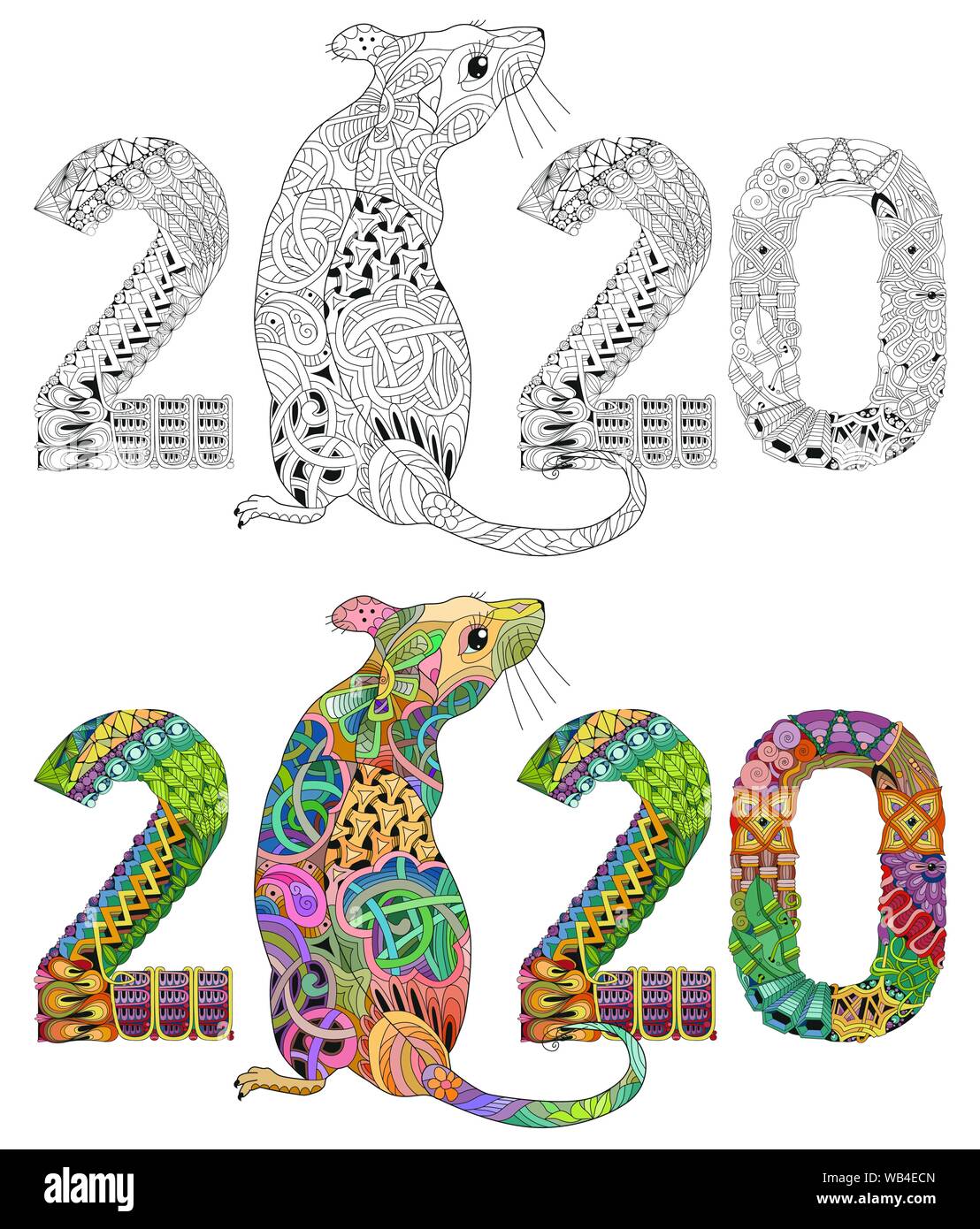Hand drawn zentangle rat number 2020 for t-shirt and other decorations ...