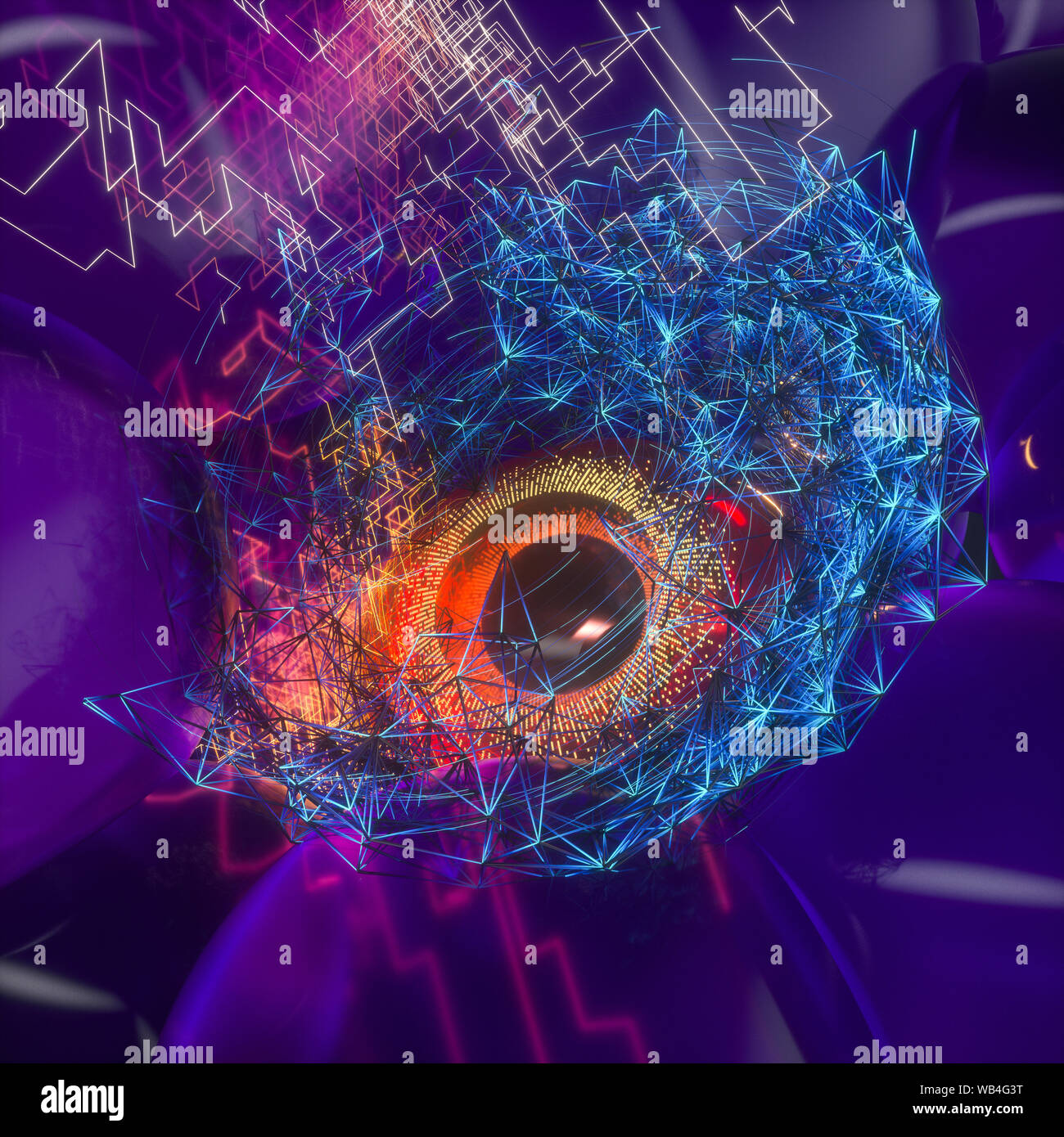 Abstract mechanical eyeball with high-tech line, 3d rendering. Computer ...