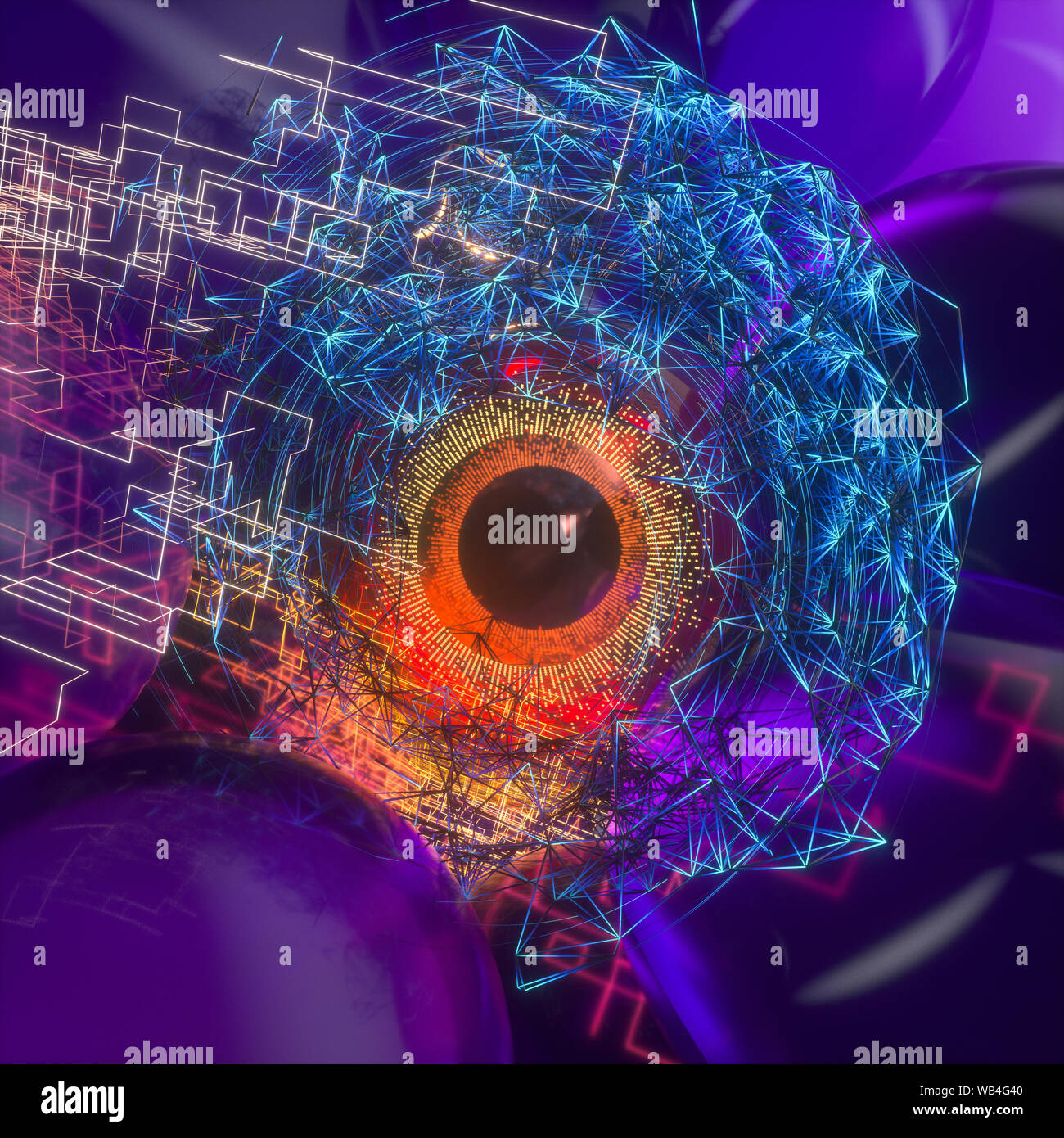 Abstract mechanical eyeball with high-tech line, 3d rendering. Computer ...