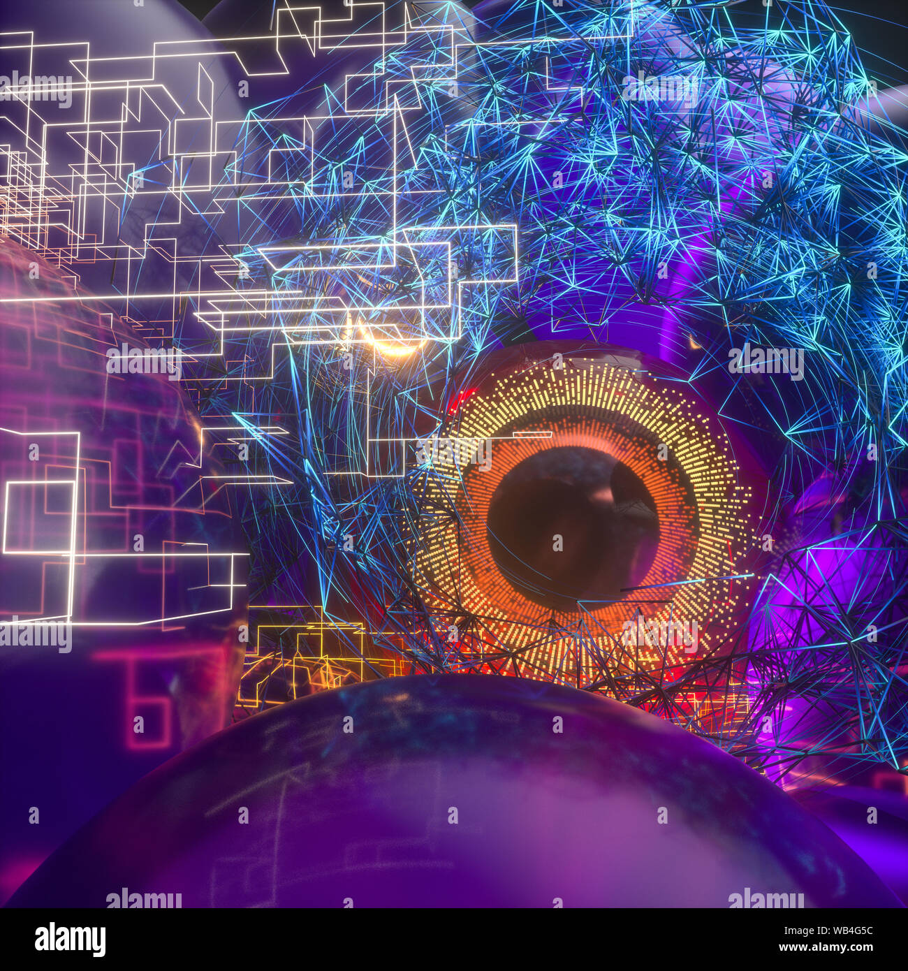 Abstract mechanical eyeball with high-tech line, 3d rendering. Computer ...