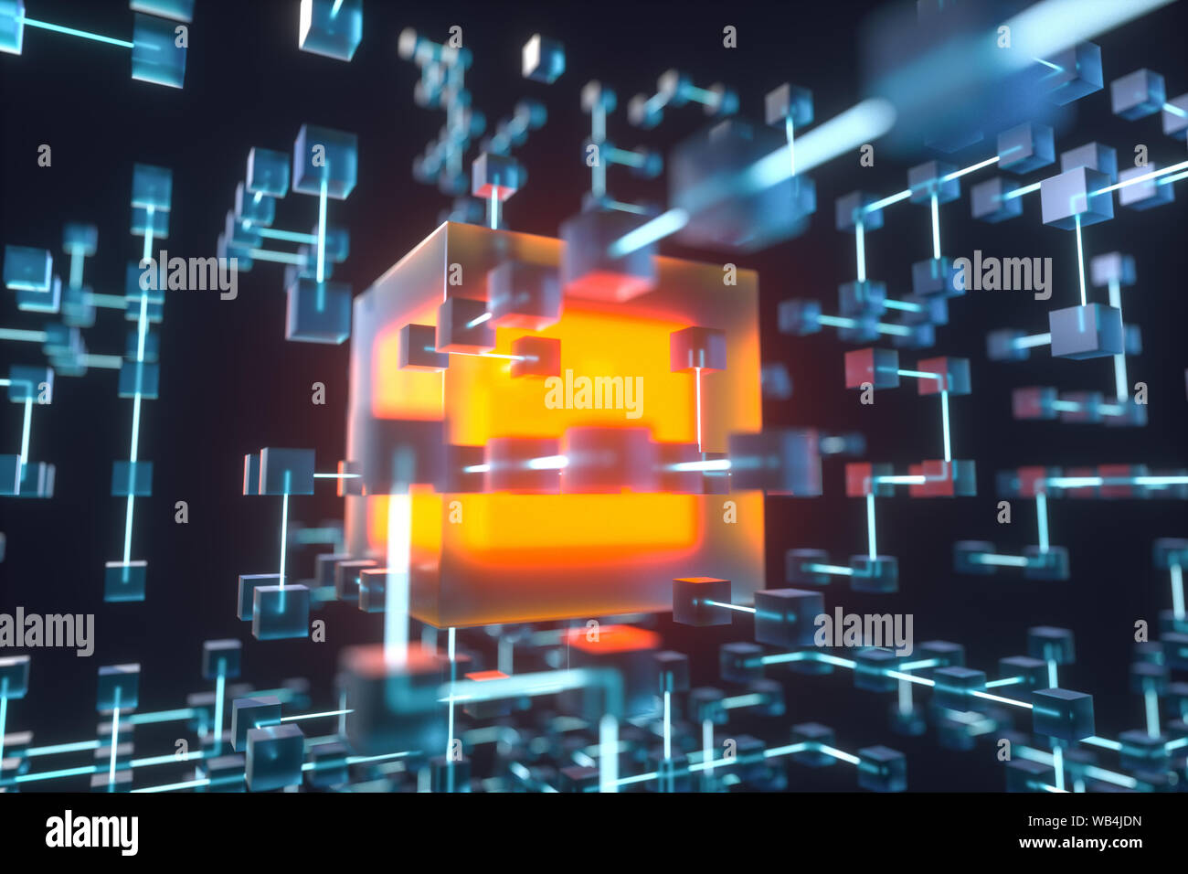 Glowing lines and cubes, technical and scientific background, 3d ...