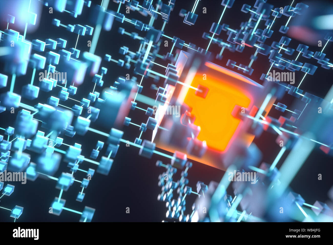 Glowing lines and cubes, technical and scientific background, 3d ...