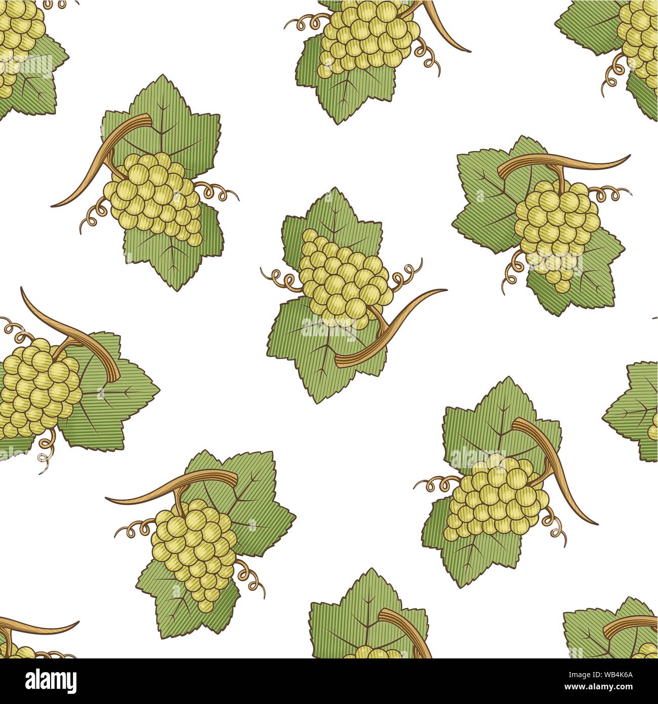 White grapes with leaves colored illustration seamless pattern ...