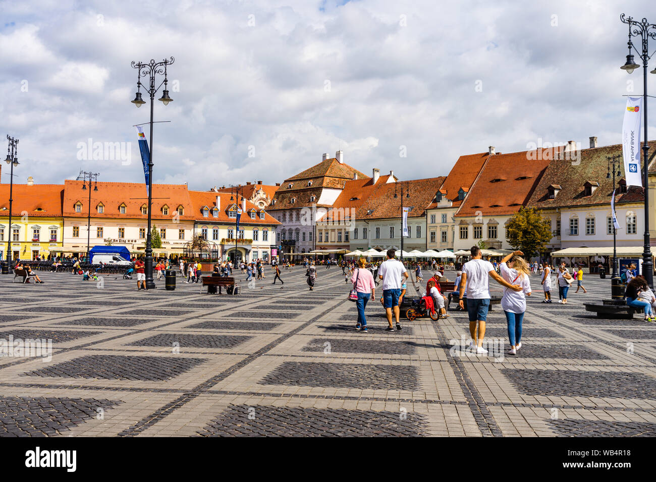 Sibiu, Romania - 2019. Tourist wondering in the panoramic The Big ...
