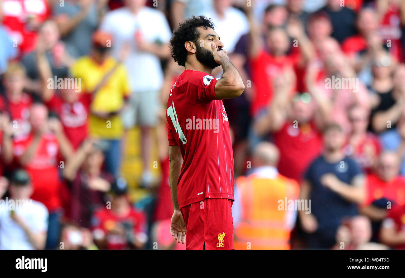 Liverpool's Mohamed Salah celebrates scoring his side's second goal of ...